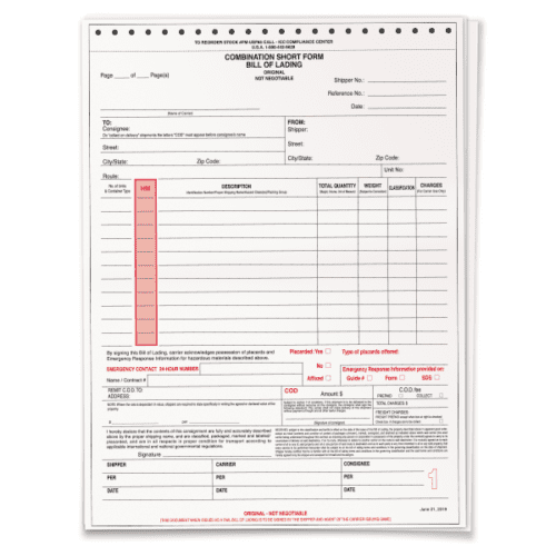 Hazmat Bill of Lading, 4-Part NCR, Preprinted, 100/Pack | ICC